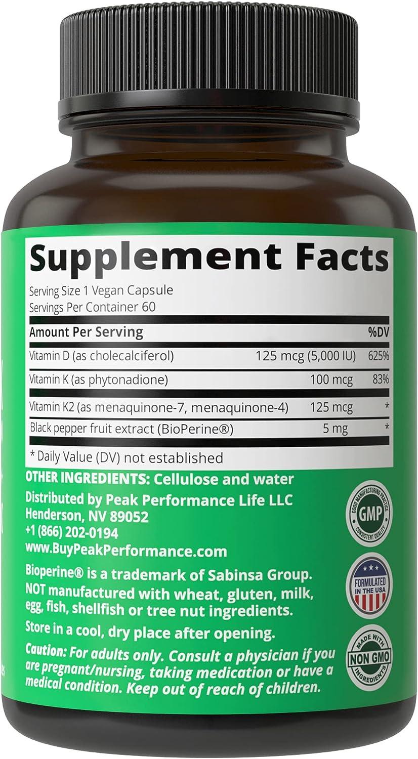 Peak Performance Advanced Vitamin D 5000 IU with Vitamin K 60 Veggie ...