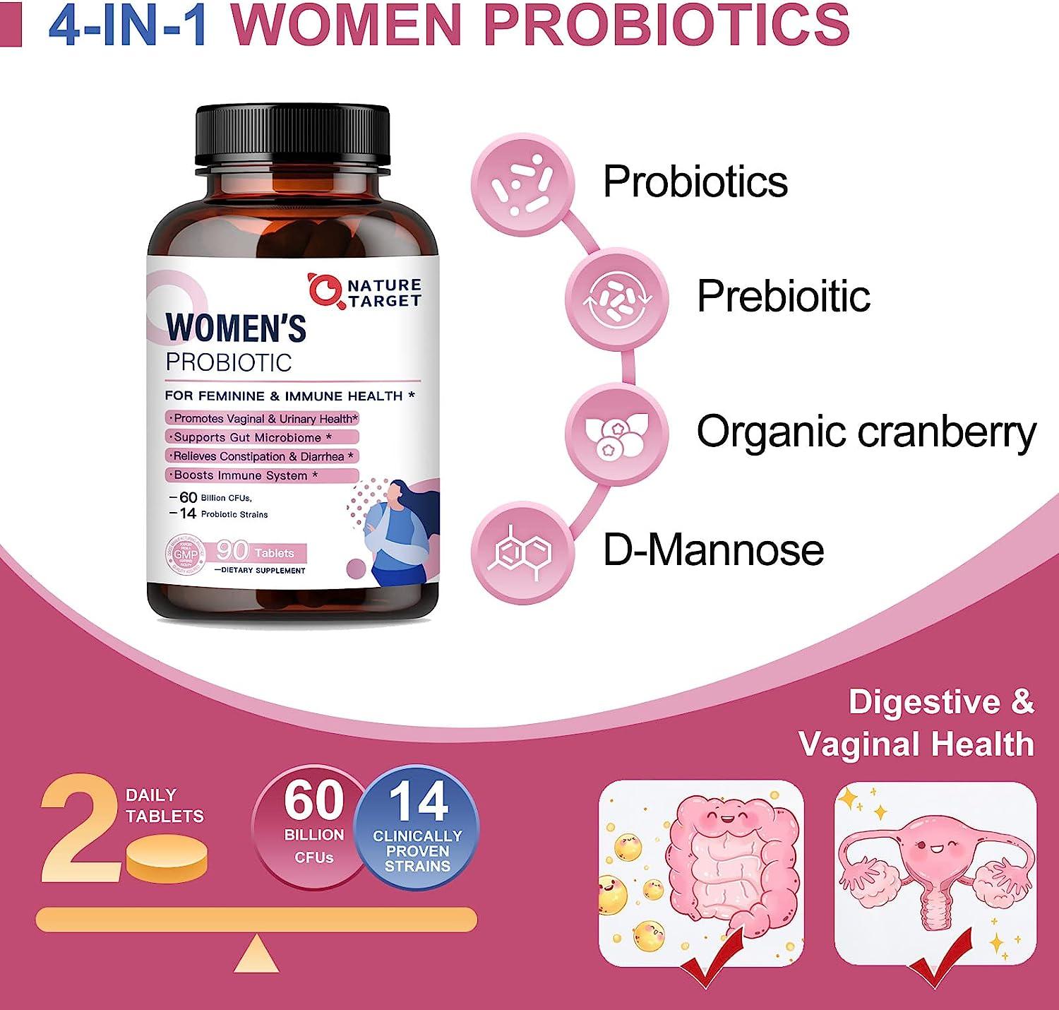 Organic Probiotics for Women with Cranberry, D-Mannose, Prebiotics - 50 ...