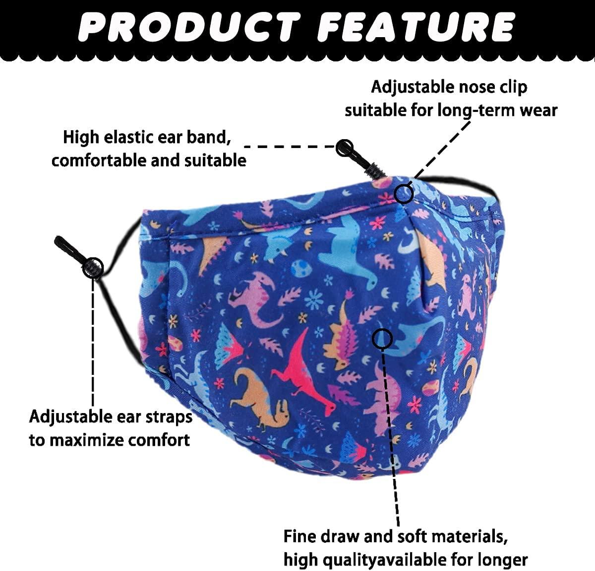 Woplagyreat Washable Reusable Kids Face Mask | Cute Dinosaur & Shark ...