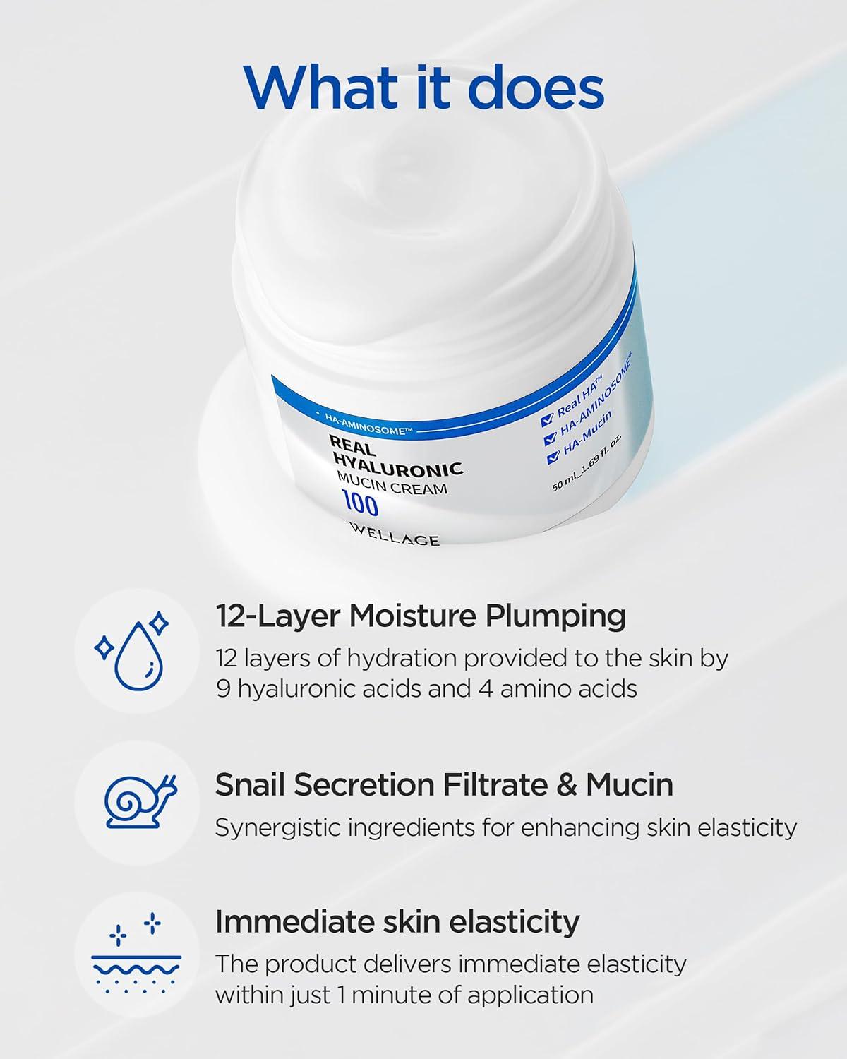 Wellage Real Hyaluronic Mucin Cream - Korean Face Gel Moisturizer for ...