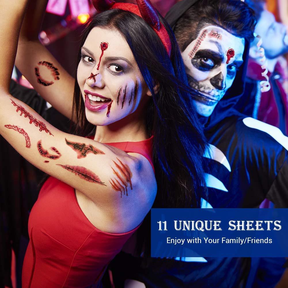 Zombie Halloween Makeup Kit - 11 Sheets, 67 Scars Tattoos, Fake Blood ...