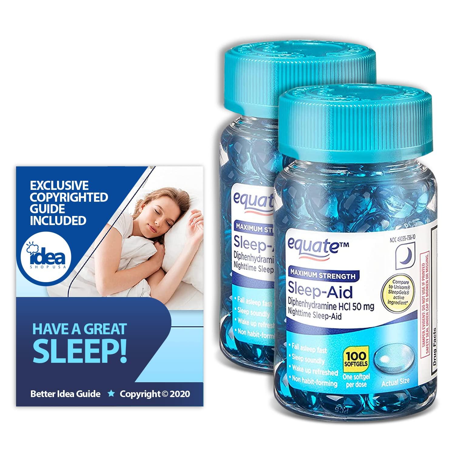 Equate Maximum Strength Sleep-Aid Softgels 50mg 100 Ct (2 Pack) Bundle ...
