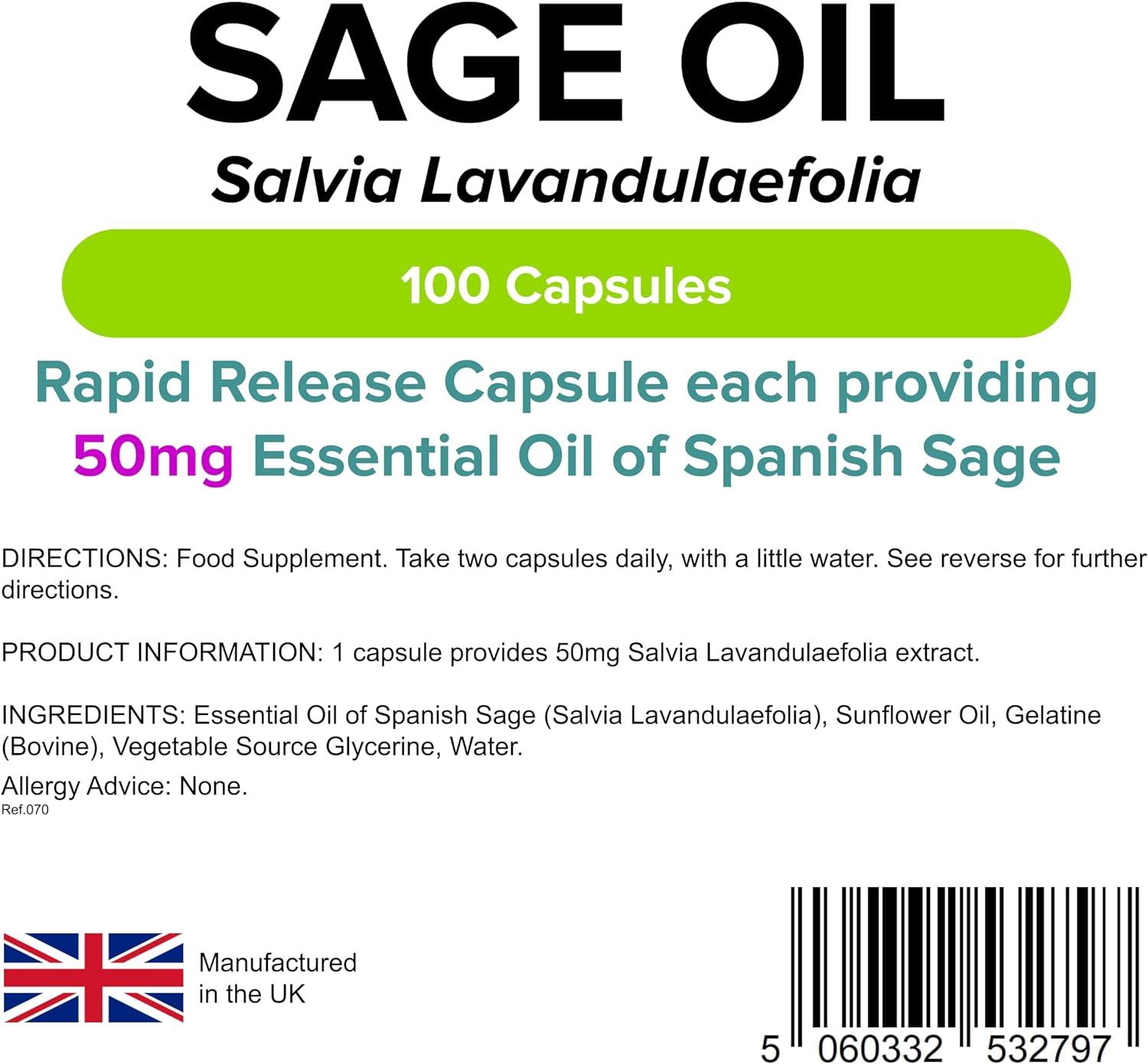 100 Capsules Sage Essential Oil for Menopause Hot Flushes - Natural ...