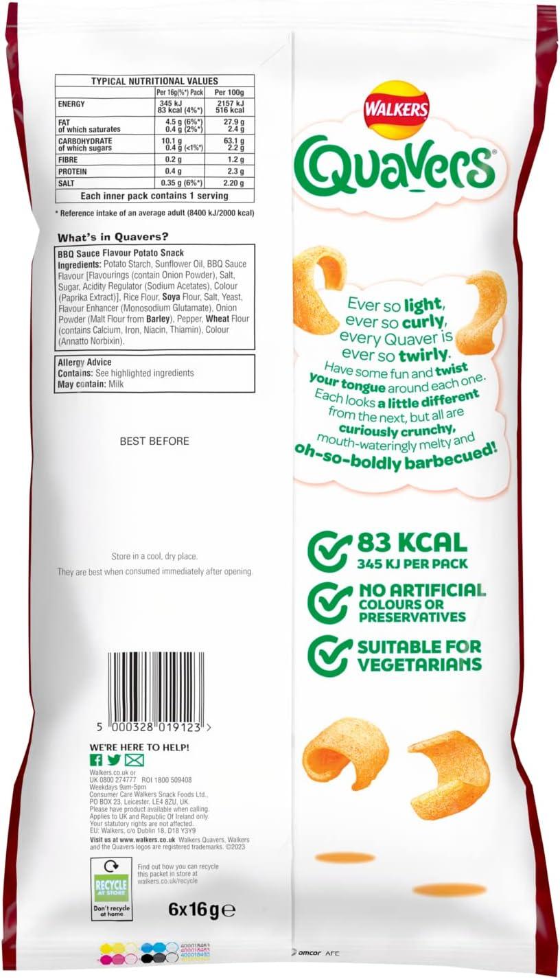 Walkers Quavers BBQ Multipack Snacks Crisps 6x16g (Pack of 3) | Buy Now ...