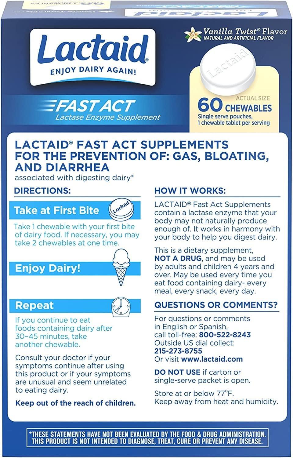 Lactaid Fast Act Chewables 60 ct (Pack of 4) | Natural Lactase Enzyme for Lactose Intolerance ...