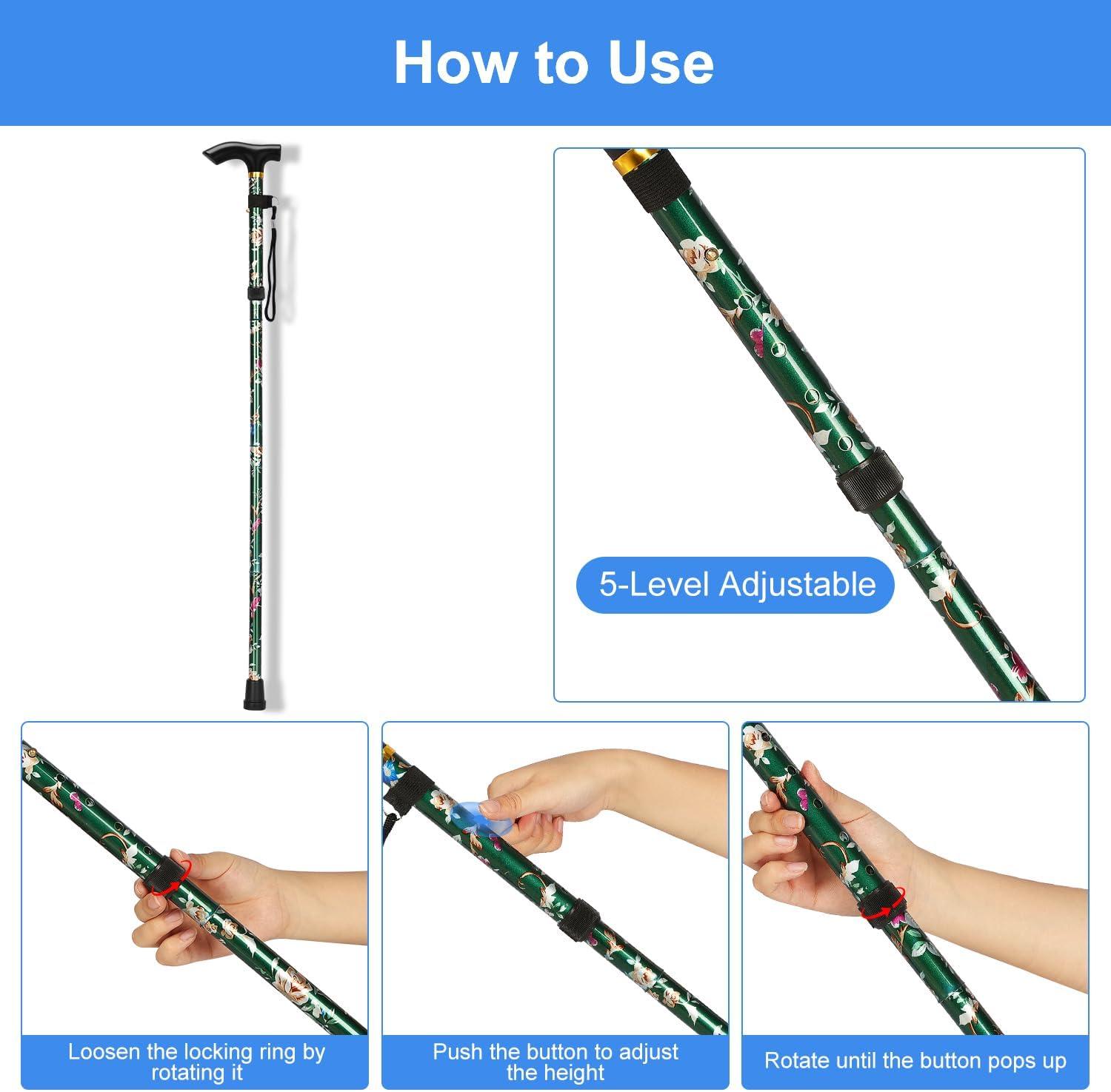 Supregear Folding Walking Stick- Adjustable Lightweight Portable Green ...