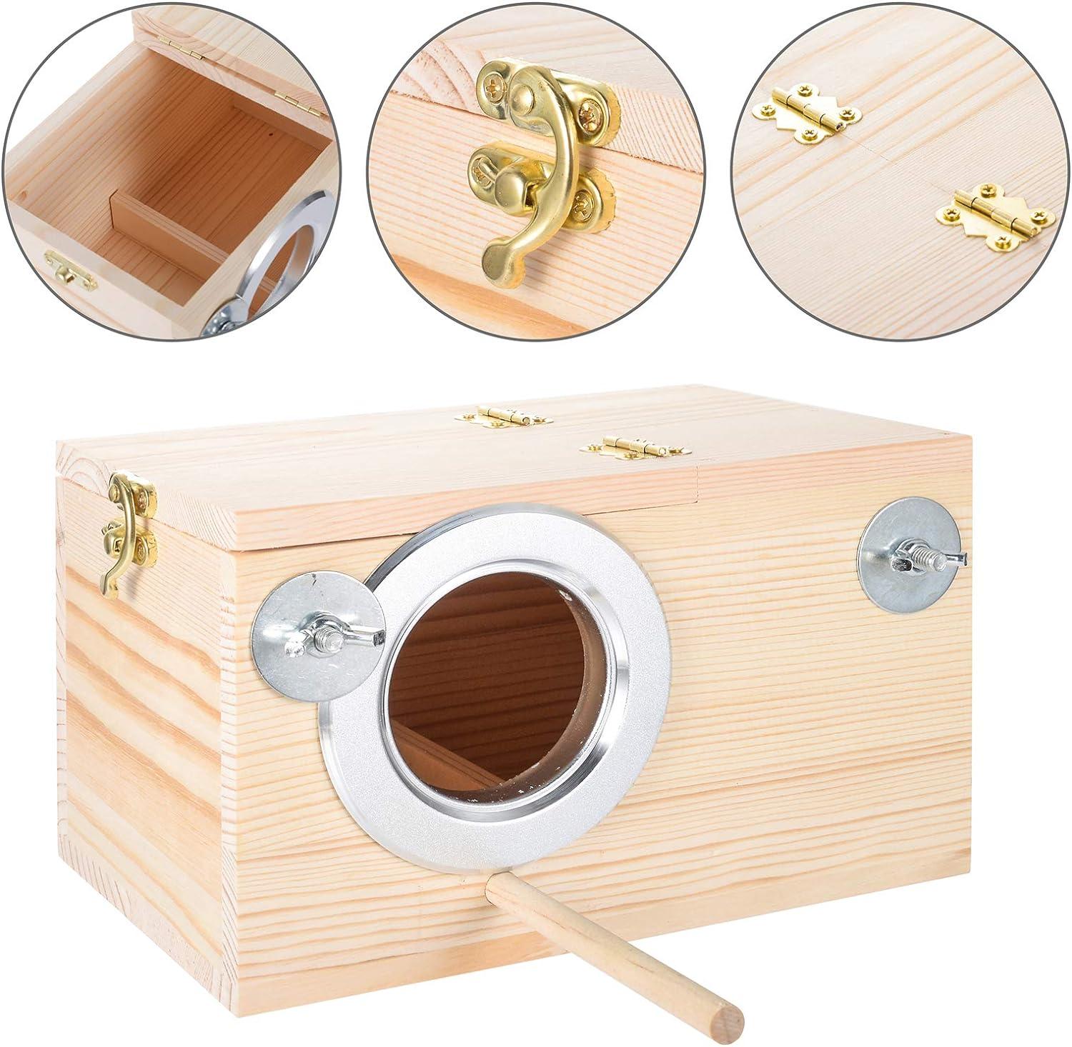 Budgie Nesting Box: Natural Wood Breeding House with Stainless Steel Feeding Spoon for Lovebirds ...