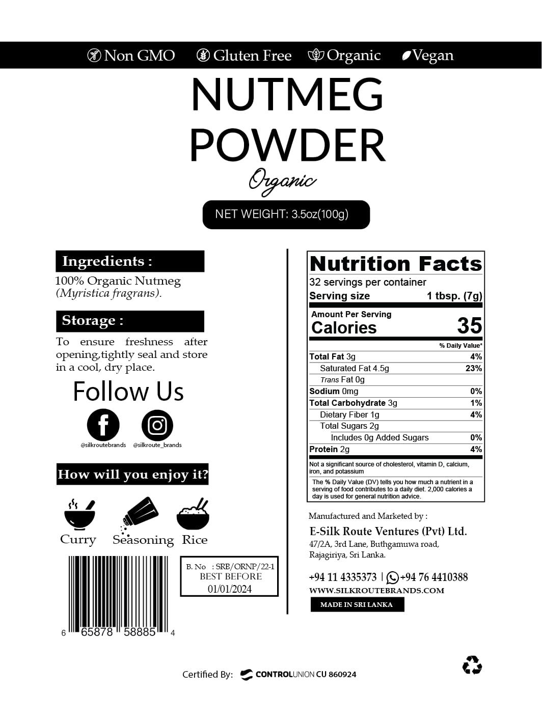 Organic Ceylon Nutmeg Powder 3.5 oz (100g) - USDA Organic, Non-GMO ...