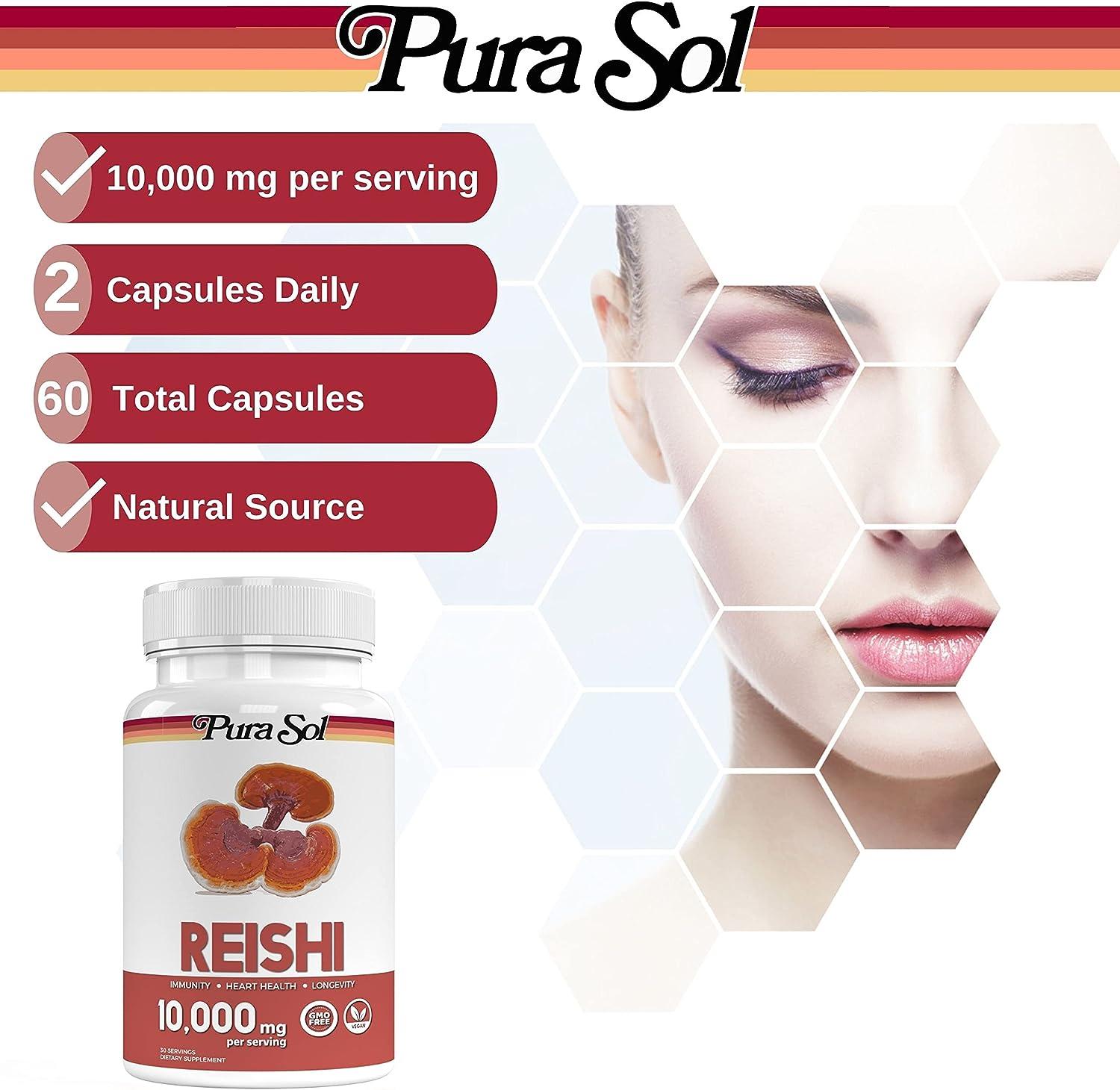 Pura Sol Reishi Mushroom Capsules 10,000mg - Ganoderma Powder Extract ...