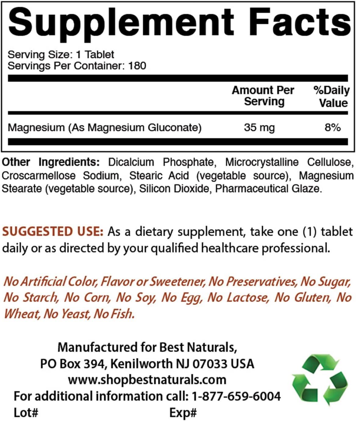 Best Naturals Magnesium Gluconate 600mg - 180 Tablets, 35mg Elemental ...