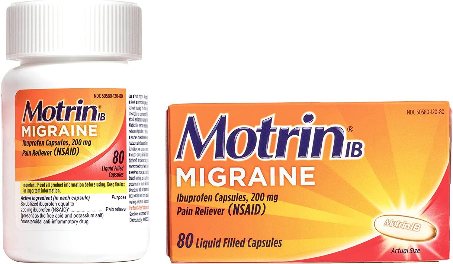 Motrin IB Migraine Liquid Gel Caps, Ibuprofen 200 mg, Migraine Relief ...