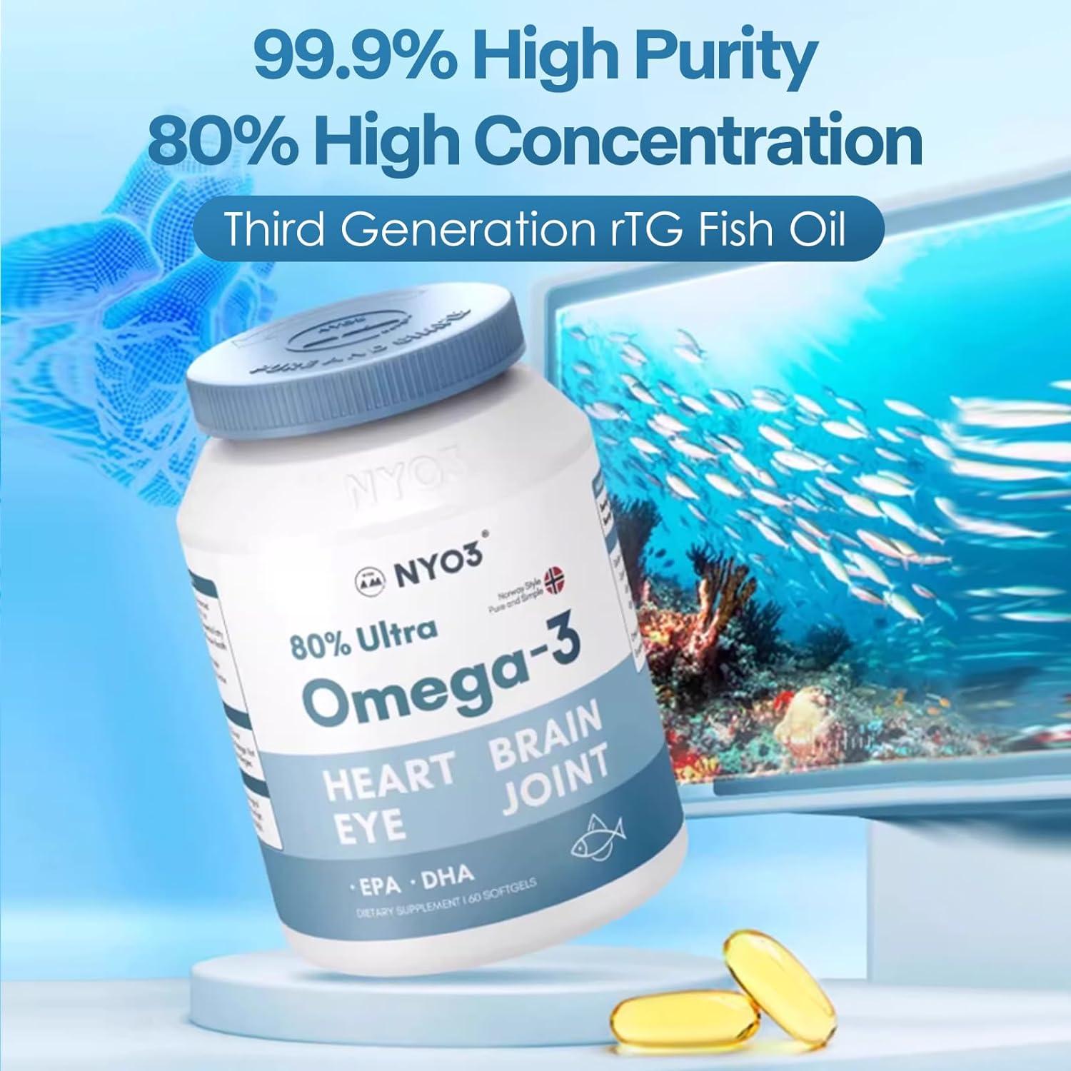 NYO3 Fish Oil Omega 3 Supplements for Heart Health and Memory - 60 Soft ...