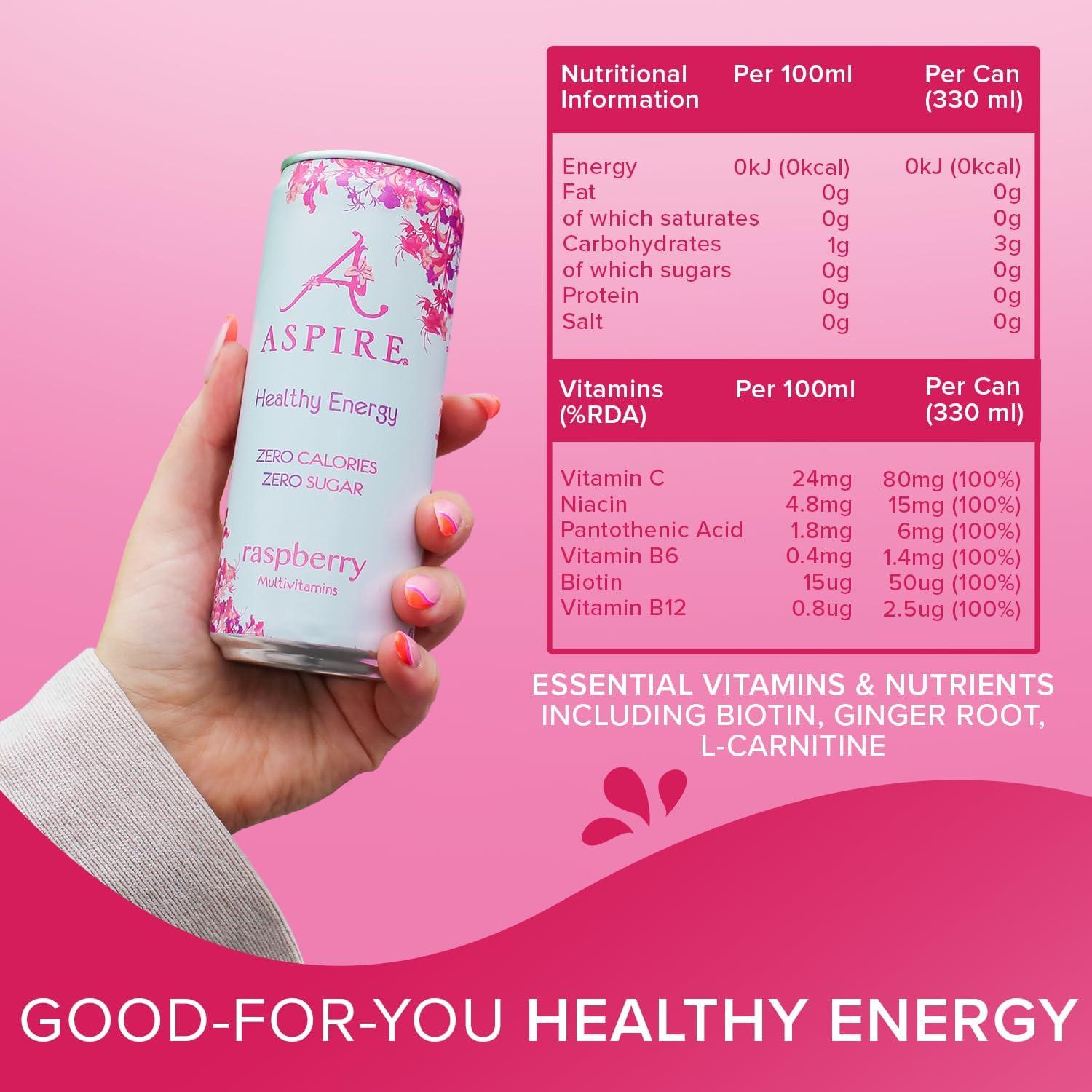 ASPIRE Healthy Energy Drink 12 x 330ml Cans - Raspberry Flavor | Zero ...