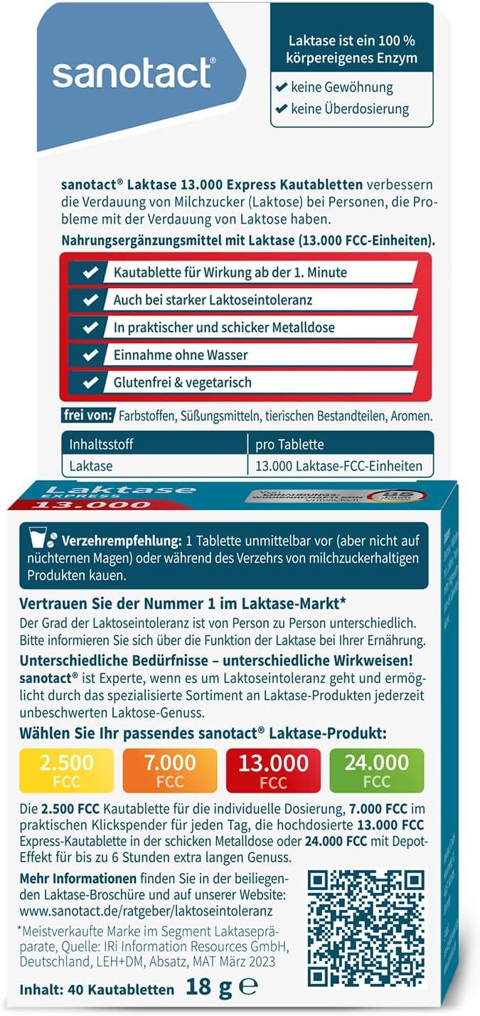 Sanotact Lactase 13 000 Express - 40 Tablets for Lactose Intolerance | Immediate Relief for Milk ...