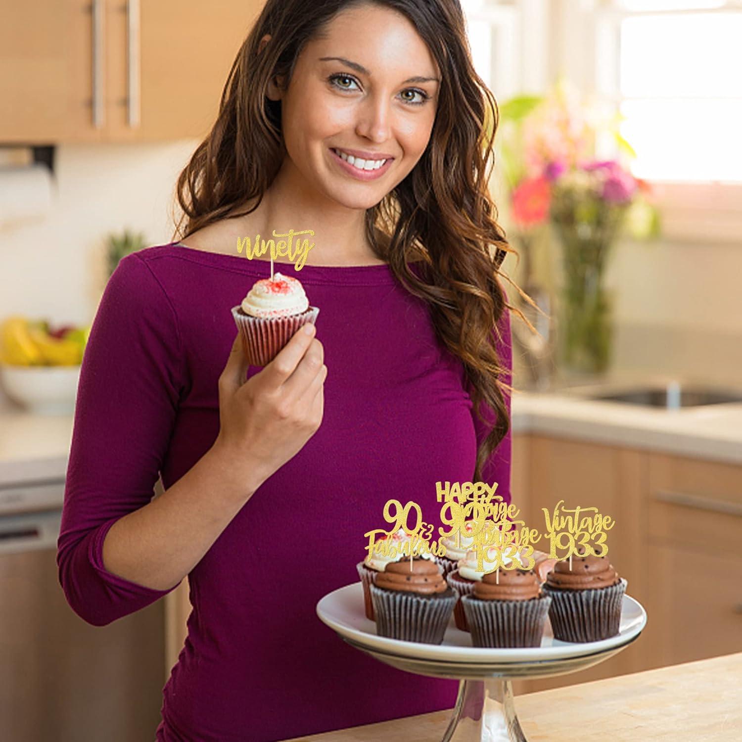 SYKYCTCY 24 Pack Vintage 1933 Cupcake Toppers Glitter Ninety 90 ...