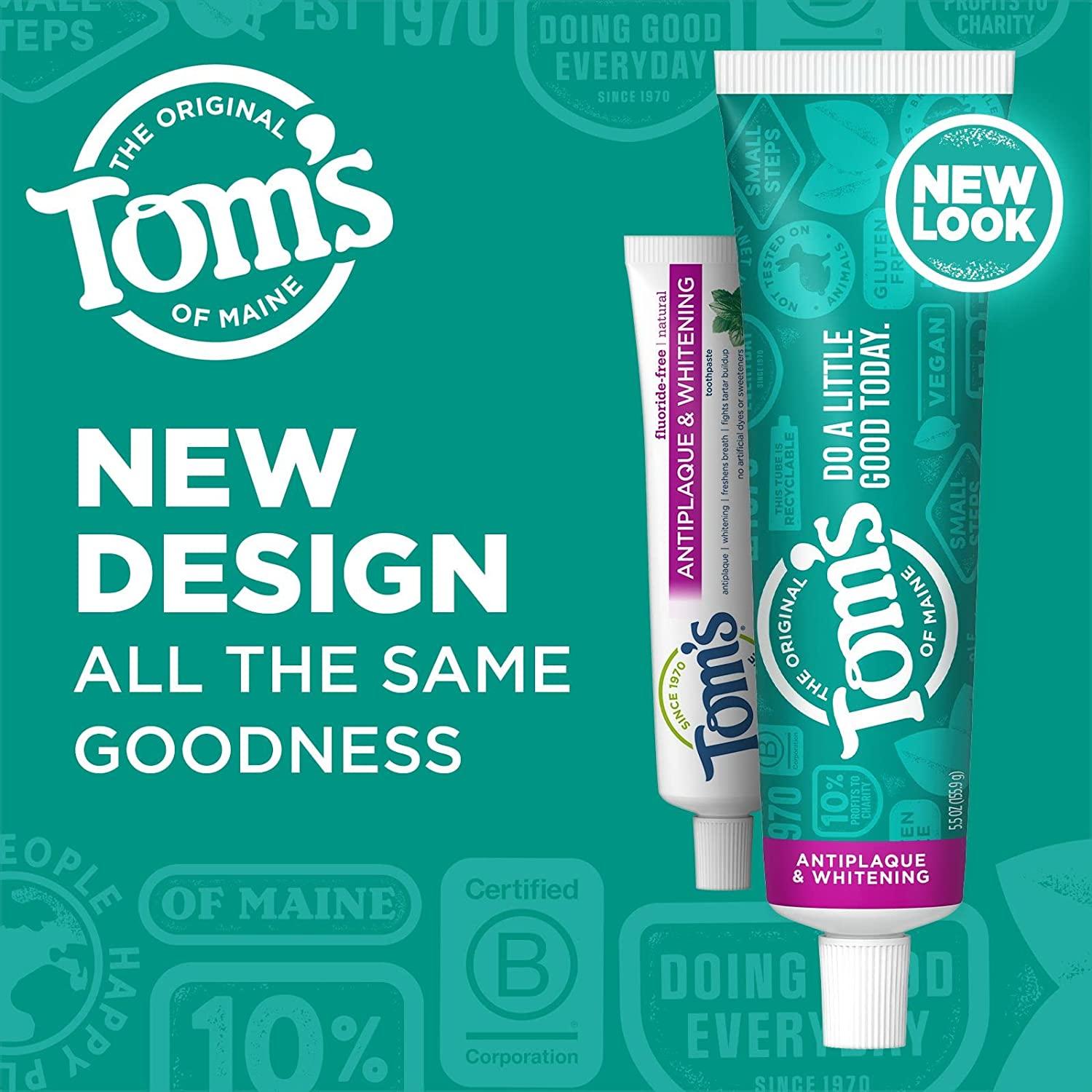 Toms of Maine Fluoride-Free Antiplaque Whitening Toothpaste, Peppermint ...