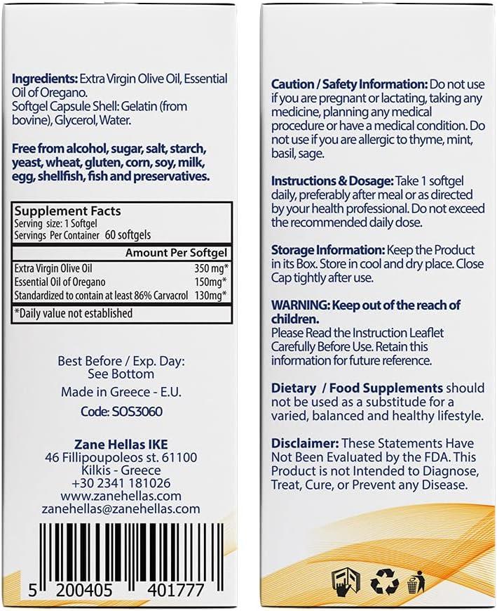 Zane Hellas Oregano Oil Softgels - 130mg Carvacrol, 150mg Oregano Oil ...