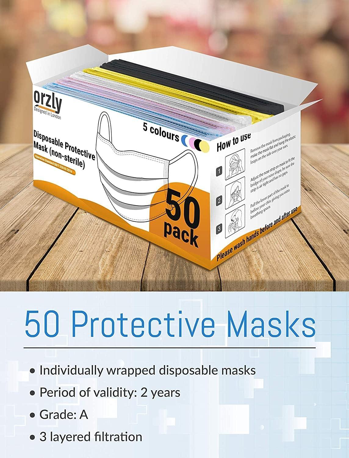 Orzly Disposable Face Masks Pack of 50 Assorted Colours for 3-ply ...