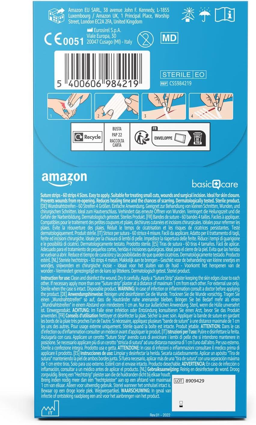 Amazon Basic Care Suture Closure Strips - Hypoallergenic & Sterile 60 ...