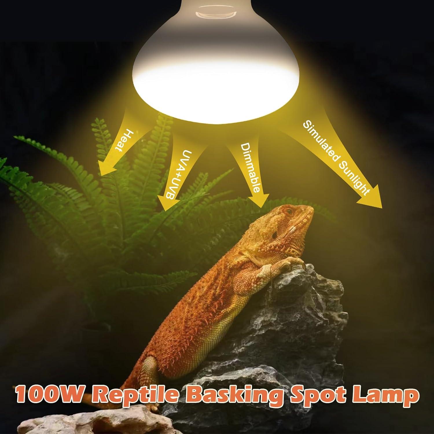 2 Pack 100W Reptile Heat Lamp Bulb E27 Tortoise Basking Light Bulb Dimmable UVA+UVB Daylight ...