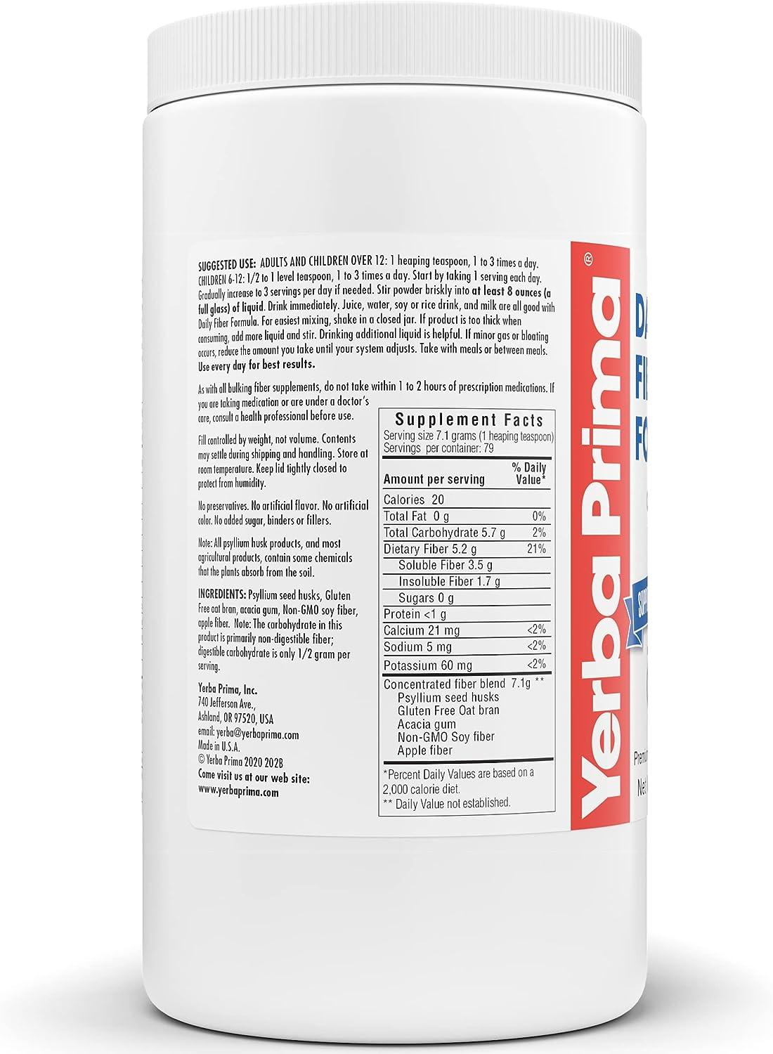 Yerba Prima Daily Fiber Formula - 20 oz Powder, Unflavored Blend of ...