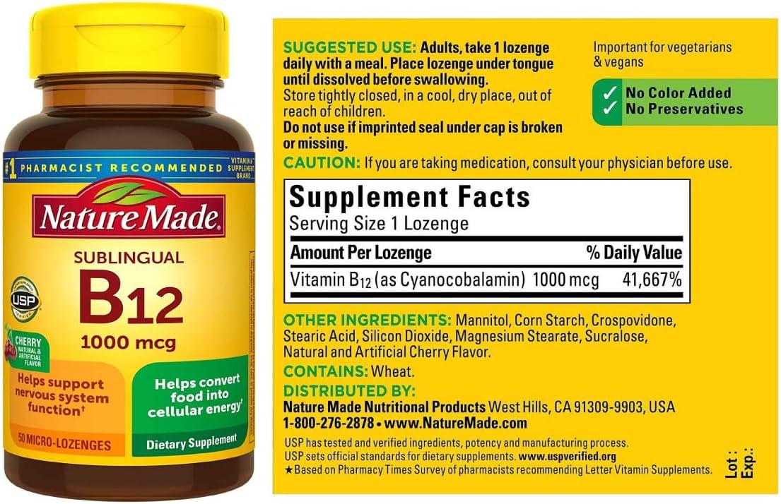 Nature Made B-12 1000 mcg Micro-Lozenges Cherry Flavor 50 ea (Pack of 2 ...