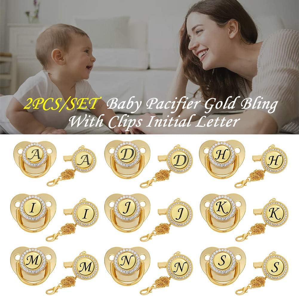 Kisbeibi Baby Pacifier with Clip - Diamond Golden Initials 2-Piece ...