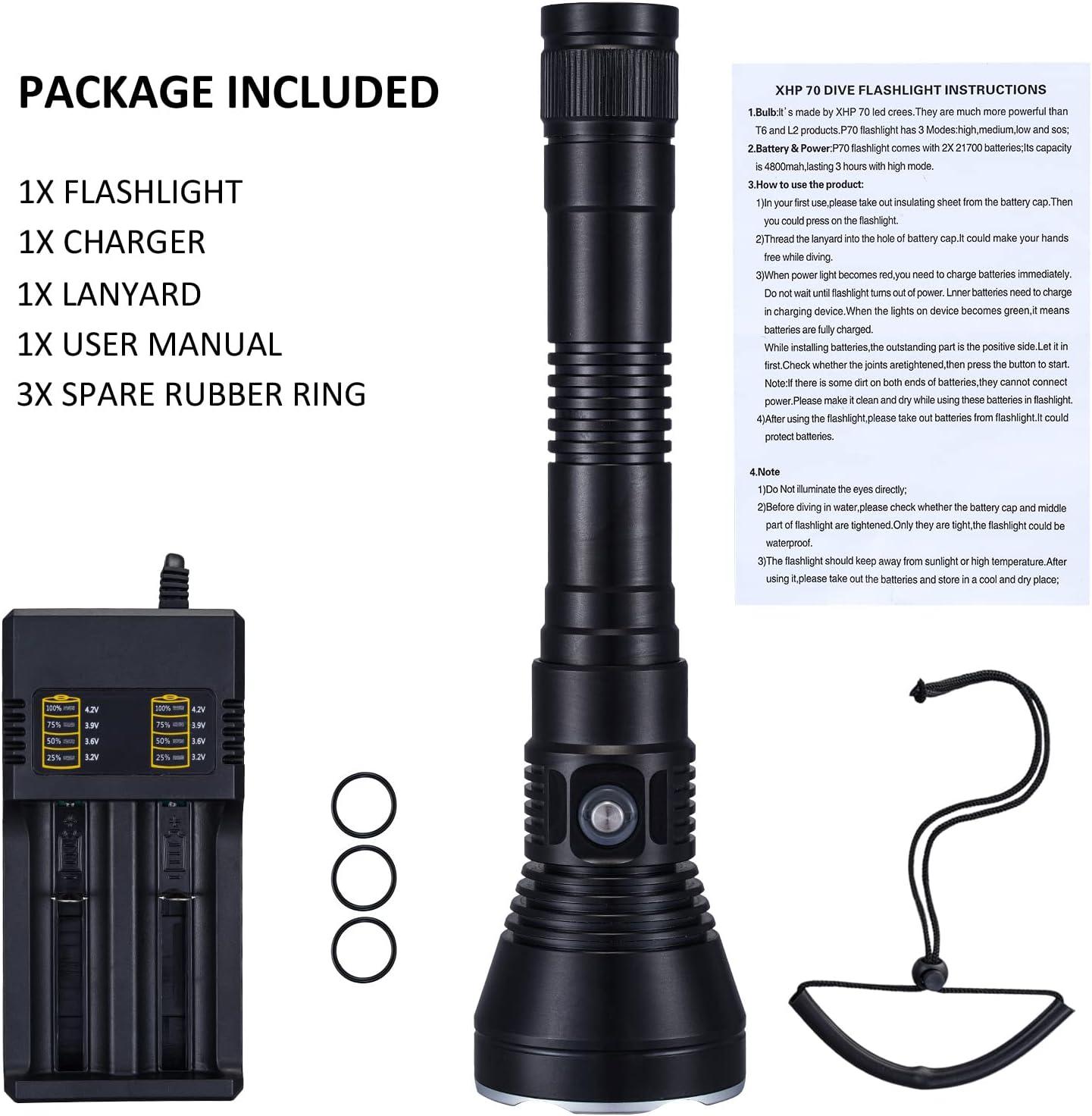 5000 Lumen XHP70 LED Scuba Diving Flashlight | Super Bright Military ...