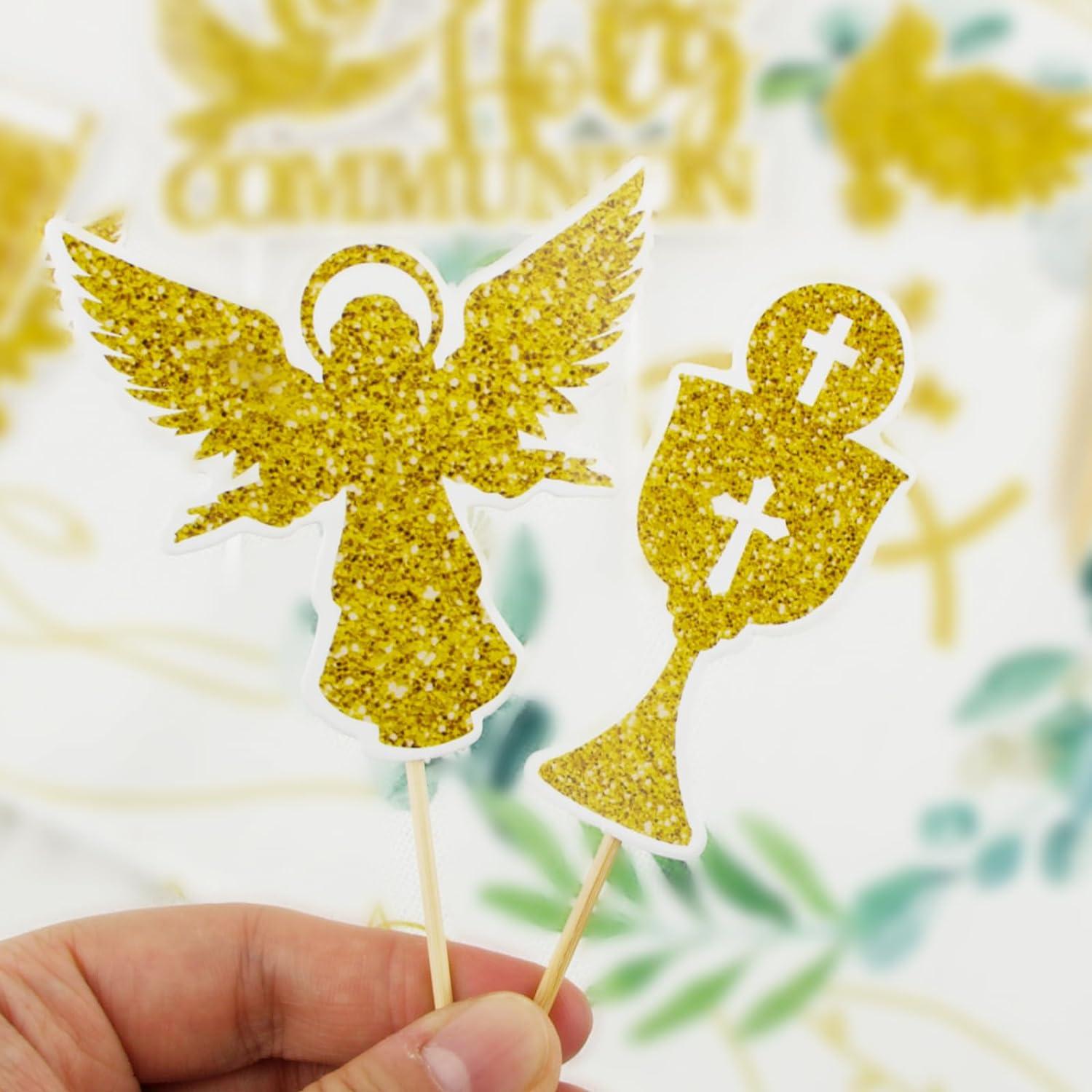 13pcs First Holy Communion Cake Topper Cross Glitter Gold Paper Cupcake ...