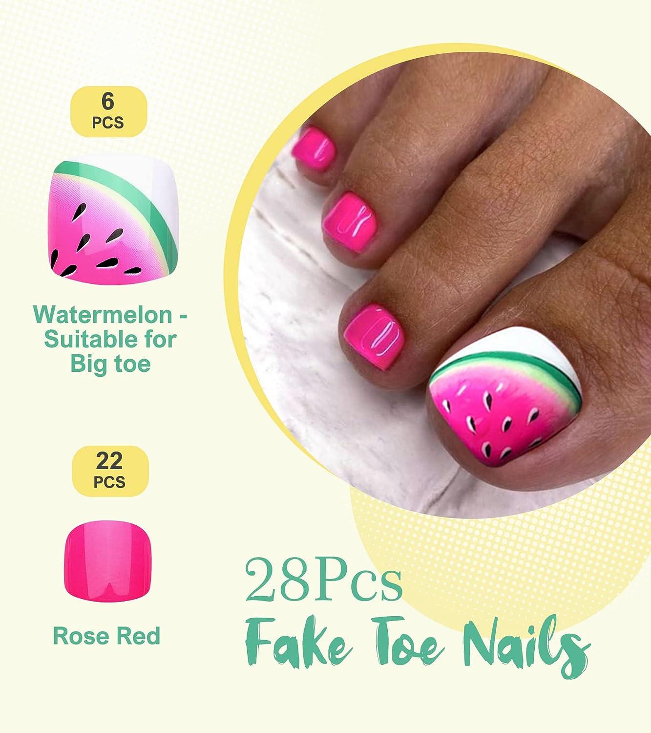 Morily Hot Pink Watermelon Fake Toe Nails - Glossy Square Shaped ...