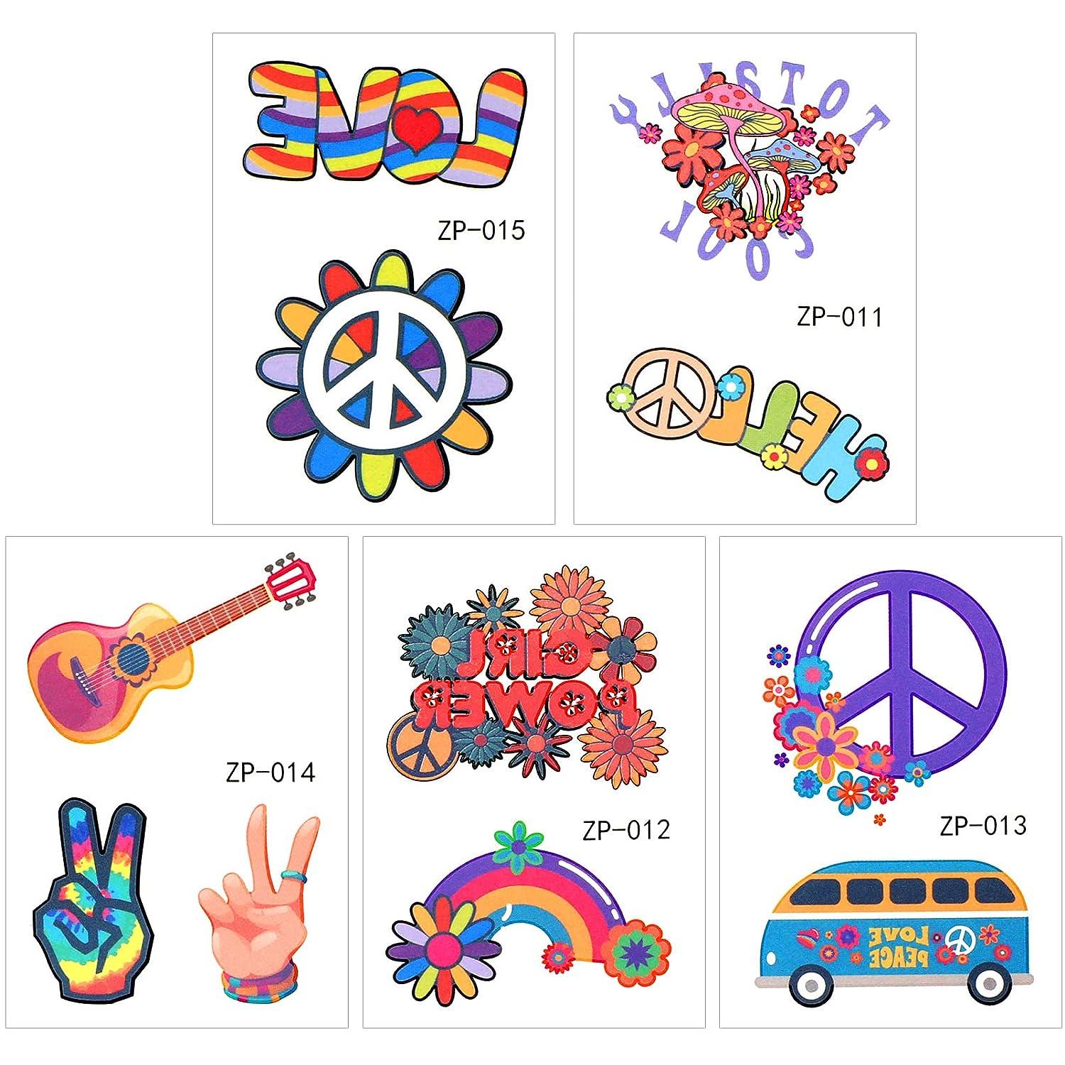 Qpout Hippie Flower Temporary Tattoos - 20PCS Love & Peace Sign ...
