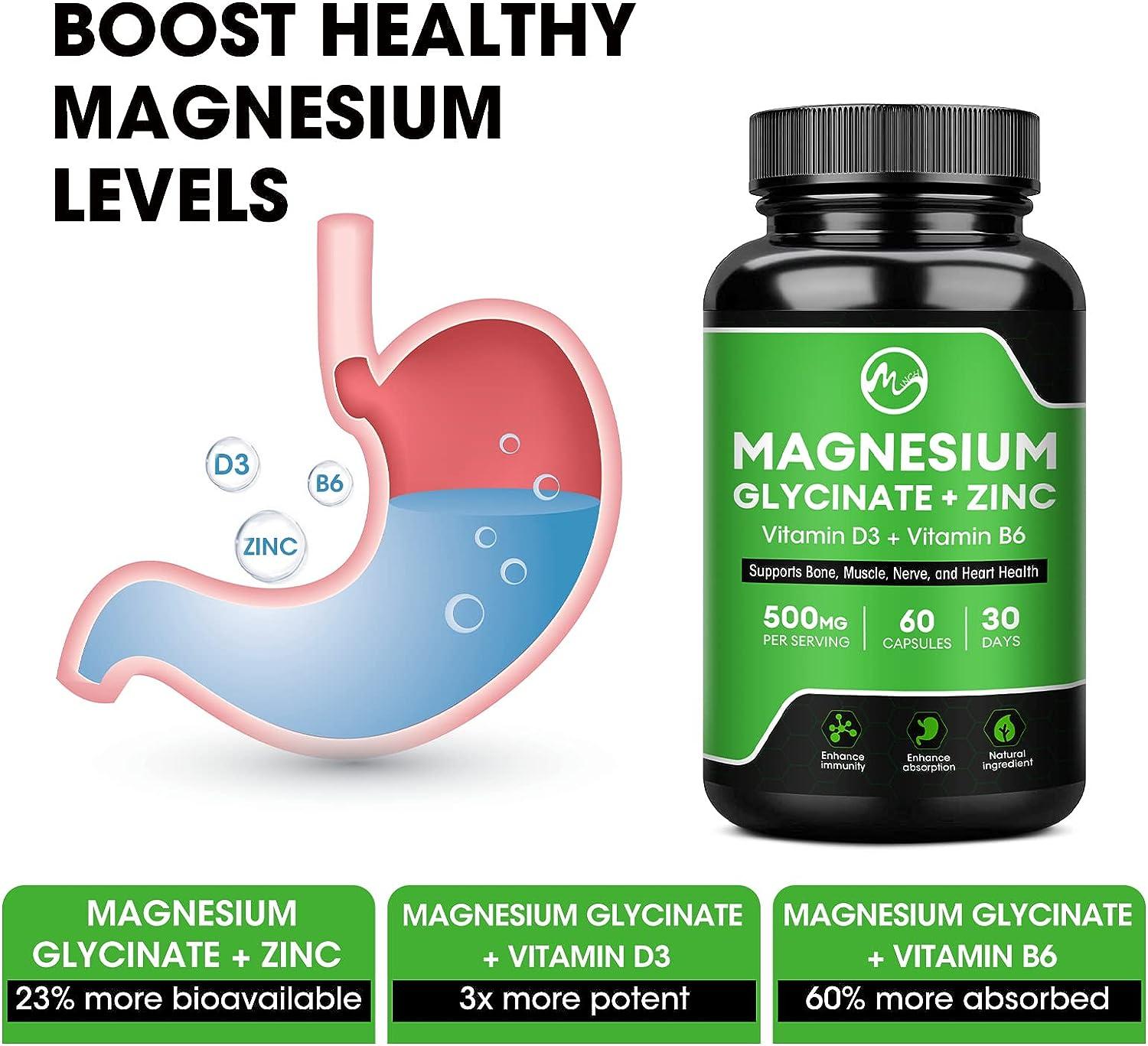 Magnesium Glycinate Capsules 500mg with Zinc, Vitamin D3 & B6 - Nerve ...