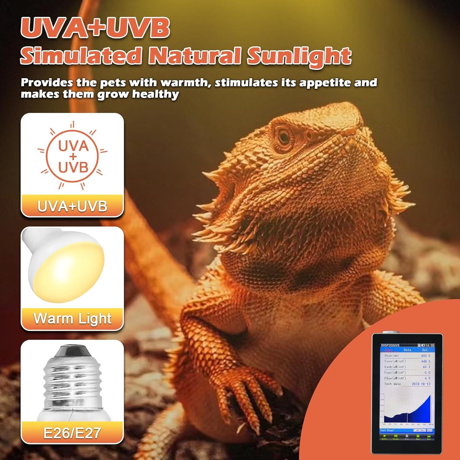 2 Pack 100W Reptile Heat Lamp Bulb E27 Tortoise Basking Light Bulb Dimmable UVA+UVB Daylight ...