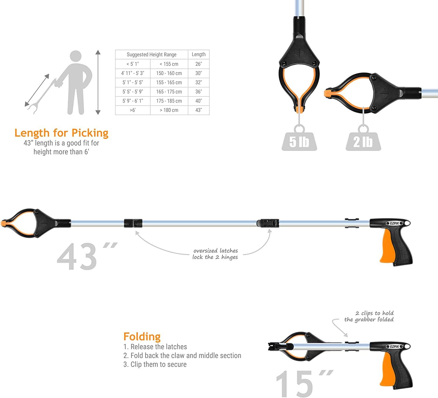 EZPIK Folding Grabber Tool 43 Inch +Magnets - Extra Long Handled ...