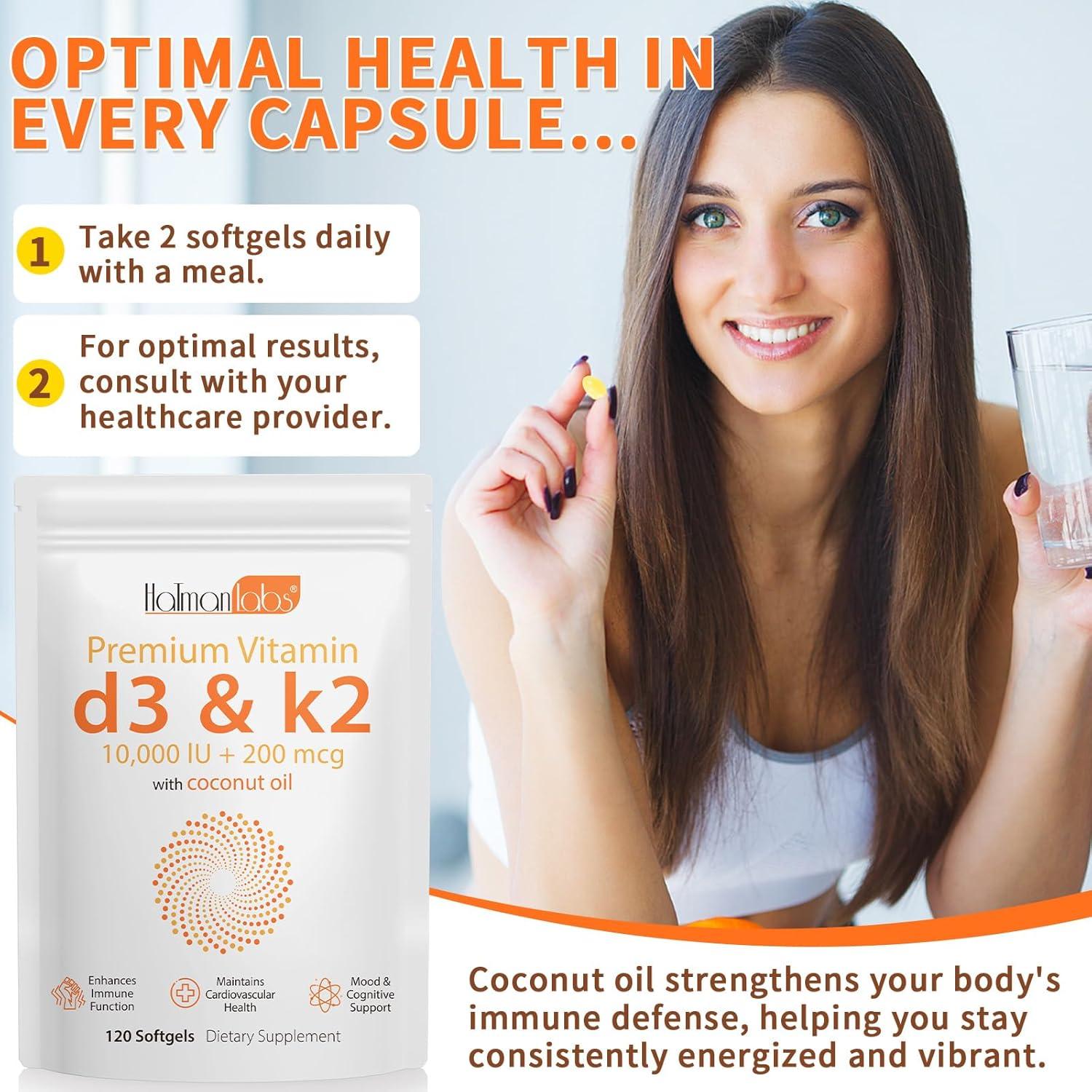 120 Count Vitamin D3& Vitamin K2 Vitamin D3 K2 Softgel (MK-7) Vegan ...