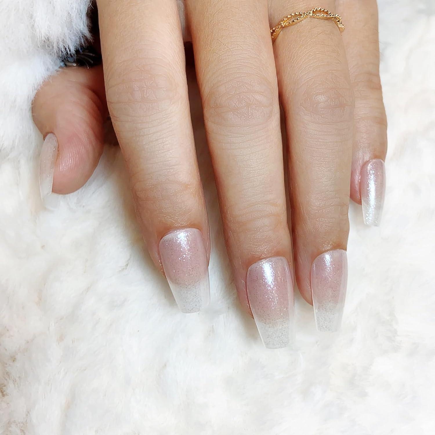 LADYING Moonlight Glitter Gel False Nails - Milky White Coffin Press on ...