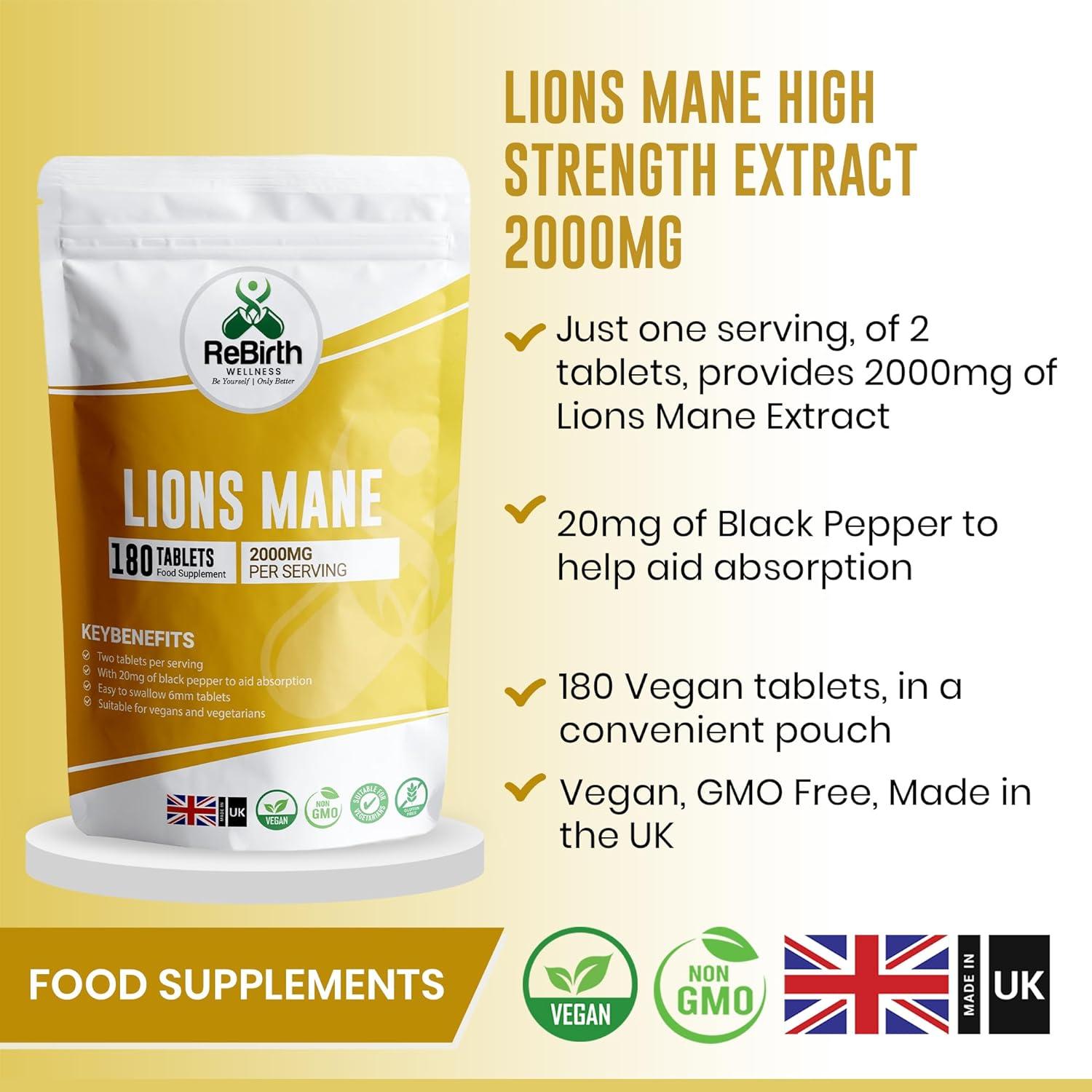 Lions Mane Supplement 2000mg with Black Pepper - 180 Vegan Tablets ...