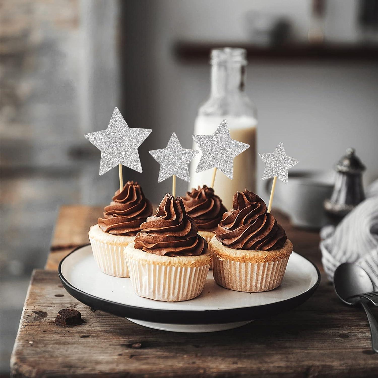 36Pcs Star Cupcake Toppers Glitter Silver Cupcake Picks Little Star ...
