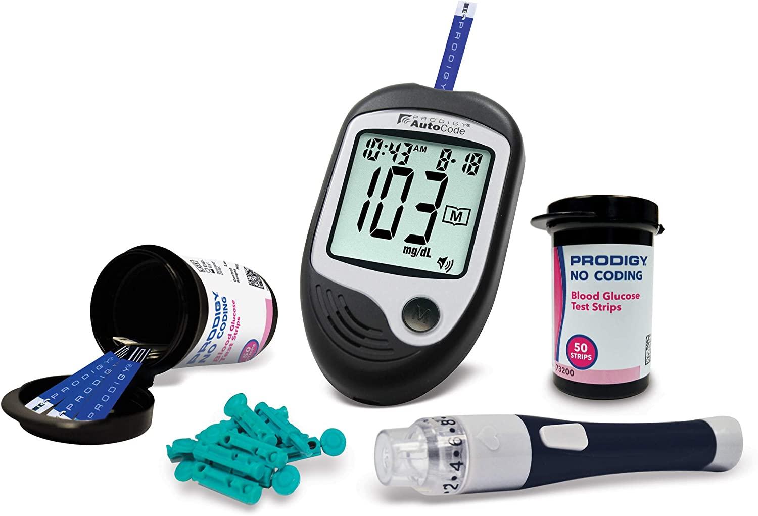 Prodigy Glucose Monitor Kit - Meter, 100 Test Strips, 10 Lancets ...