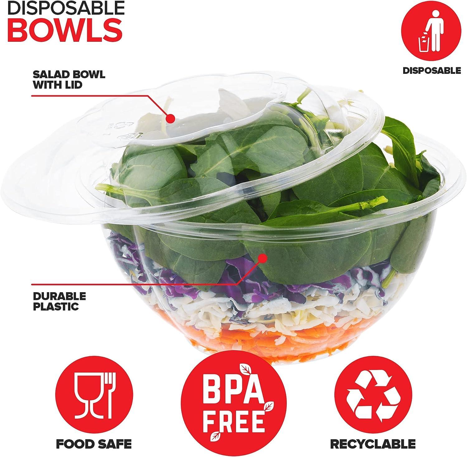 Stock Your Home 32oz Clear Plastic Salad Bowls with Lids - 50 Pack Disposable Containers for ...