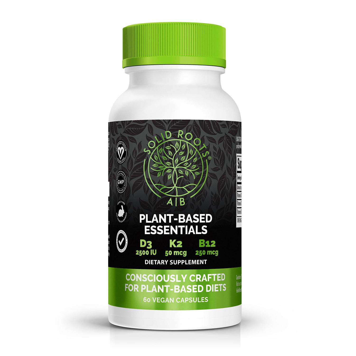SOLID ROOTS Vegan Vitamin D3 + K2 + B12: Plant-Based Multivitamin for Bones, Heart, Skin & Teeth ...
