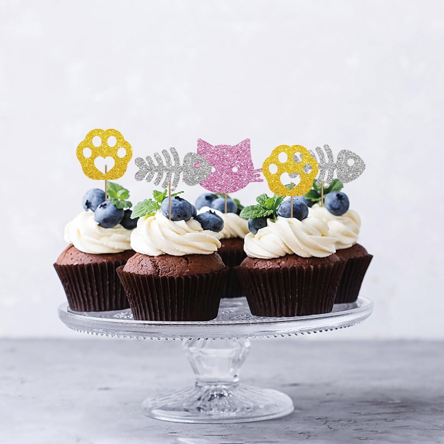 Set of 24 Cat Cupcake Toppers Pink&Gold Glitter Kitten Cupcake Picks ...