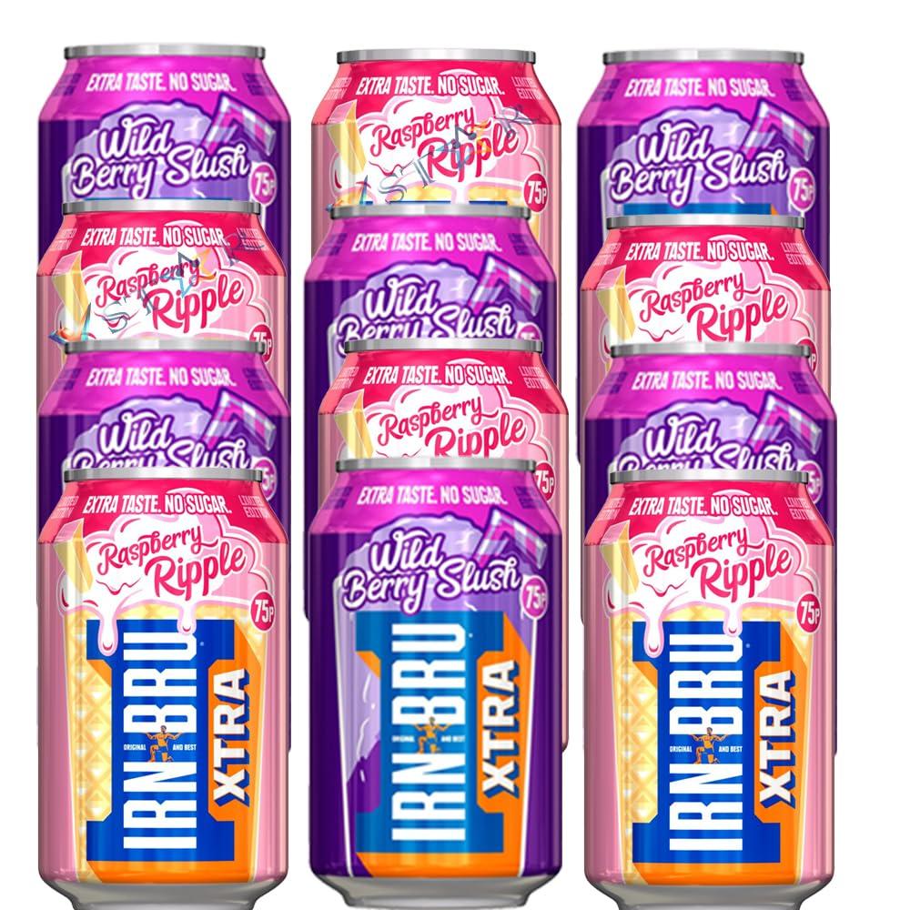 Irnn Bru Xtra Raspberry Ripple & Wild Berry Slush No Sugar & Low Calorie Limited Edition Soft ...