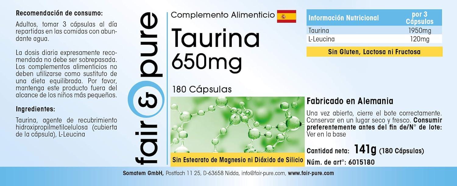 Fair & Pure Taurine 650mg Vegan Capsules - 180 High-Dose Taurine Supplements | Buy Now with ...