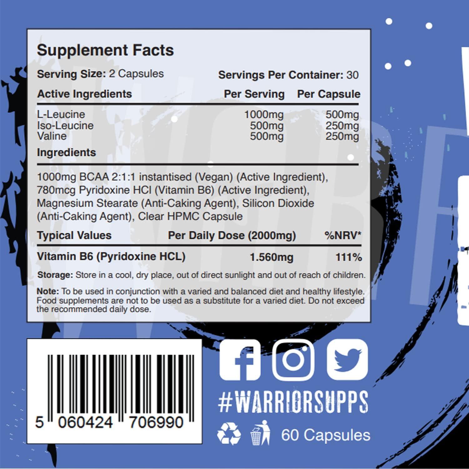 Warrior BCAA Capsules 1000mg - 60 Caps - Pharmaceutical Grade 2:1:1 ...