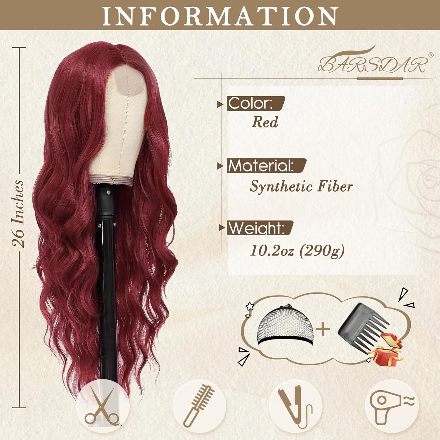 Buy BARSDAR Long Wavy Red Wig - 66cm Middle Parting Curly Lace Front ...