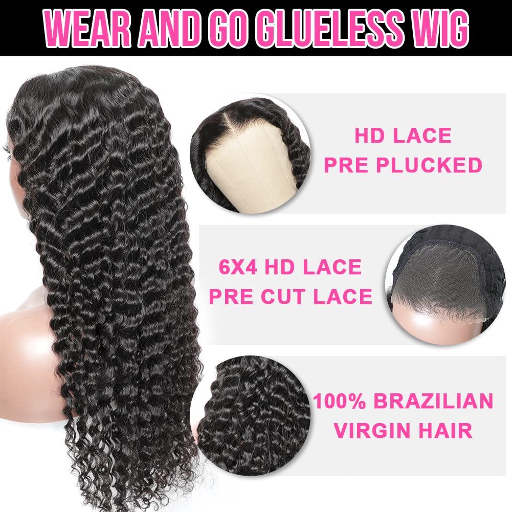 26 Inch Deep Wave HD Glueless Human Hair Wig - 180% Density, Pre ...