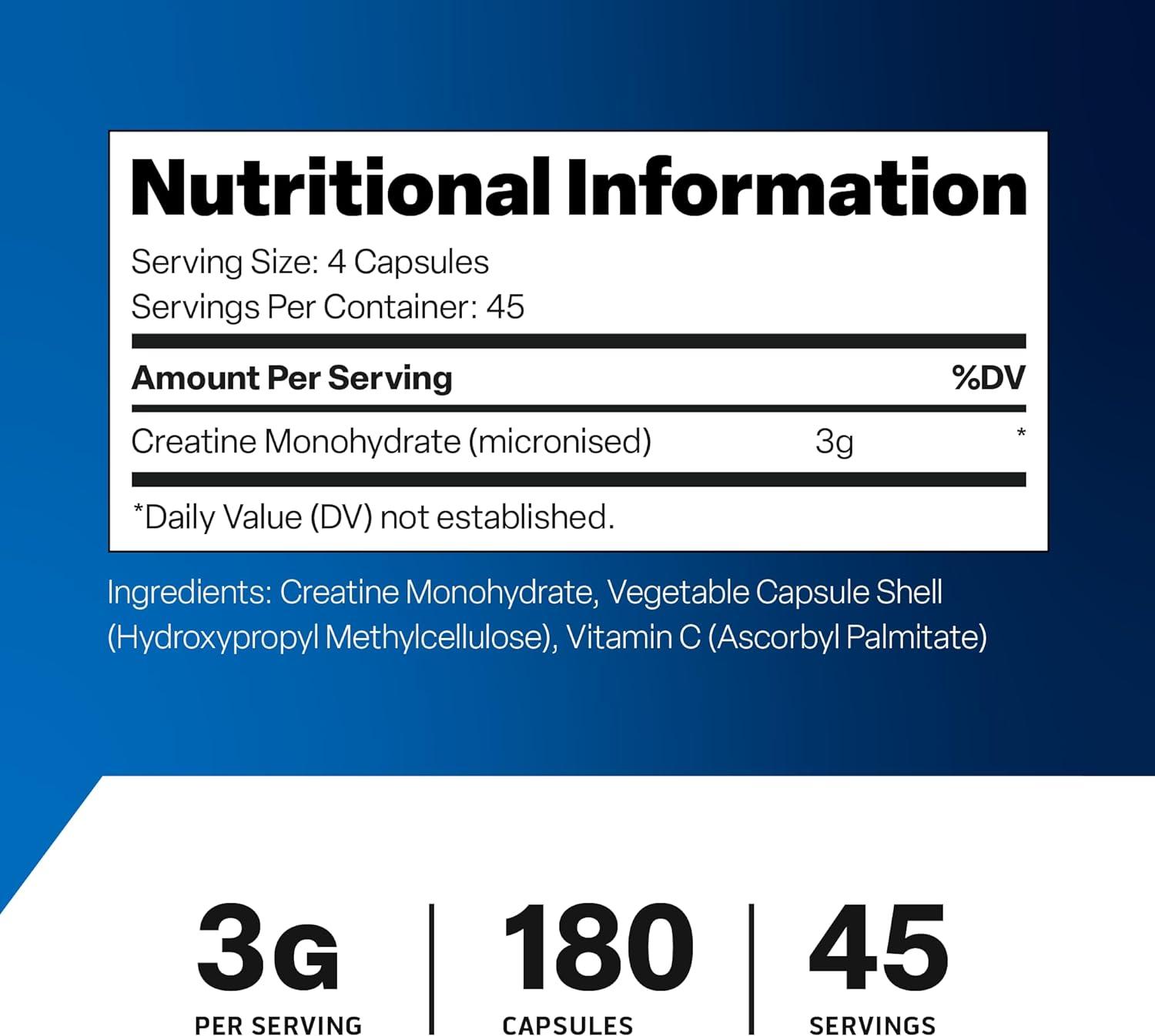 Creatine Monohydrate Capsules 3000mg - 180 Micronised Pure Unflavoured ...