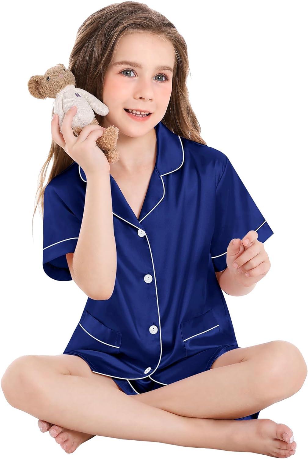 SWOMOG Kids Satin Pyjamas Set - Short Sleeve Button-Down Silk Nightwear ...