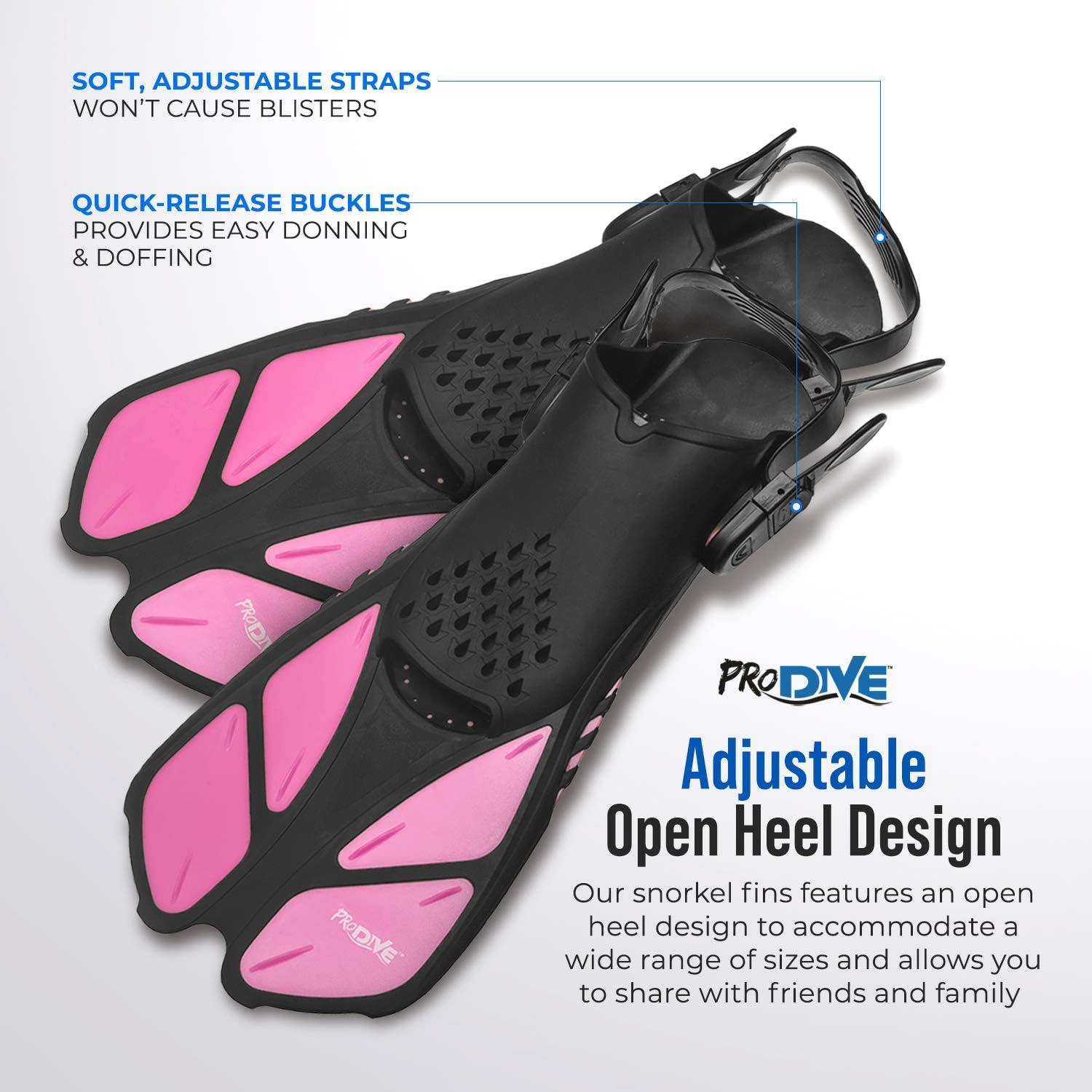 PRODIVE Adjustable Open-Heel Snorkel & Swim Fins - Short-Blade Flippers ...